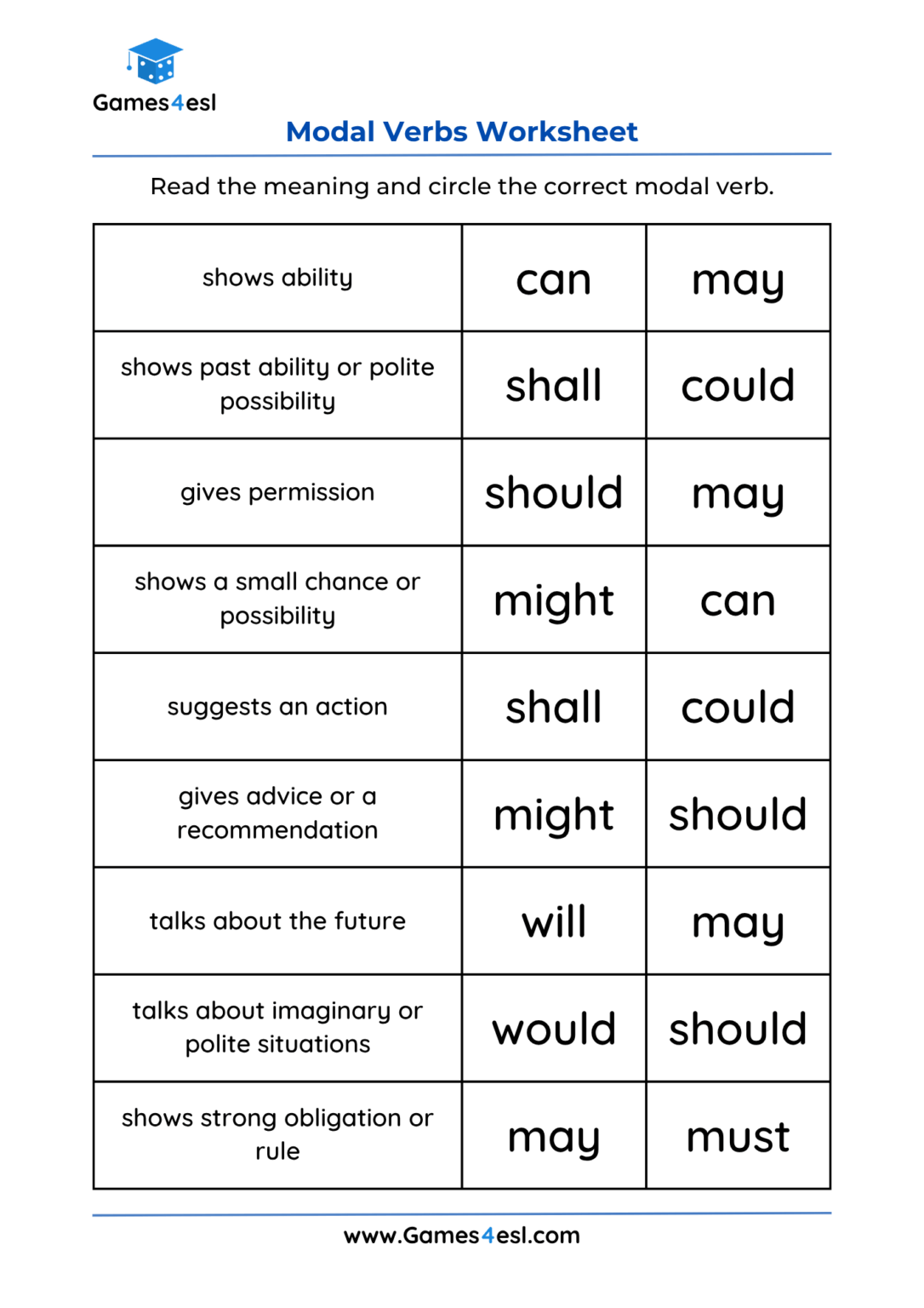 Modal Verbs Worksheets | Free Printable PDF Woksheets | Games4esl