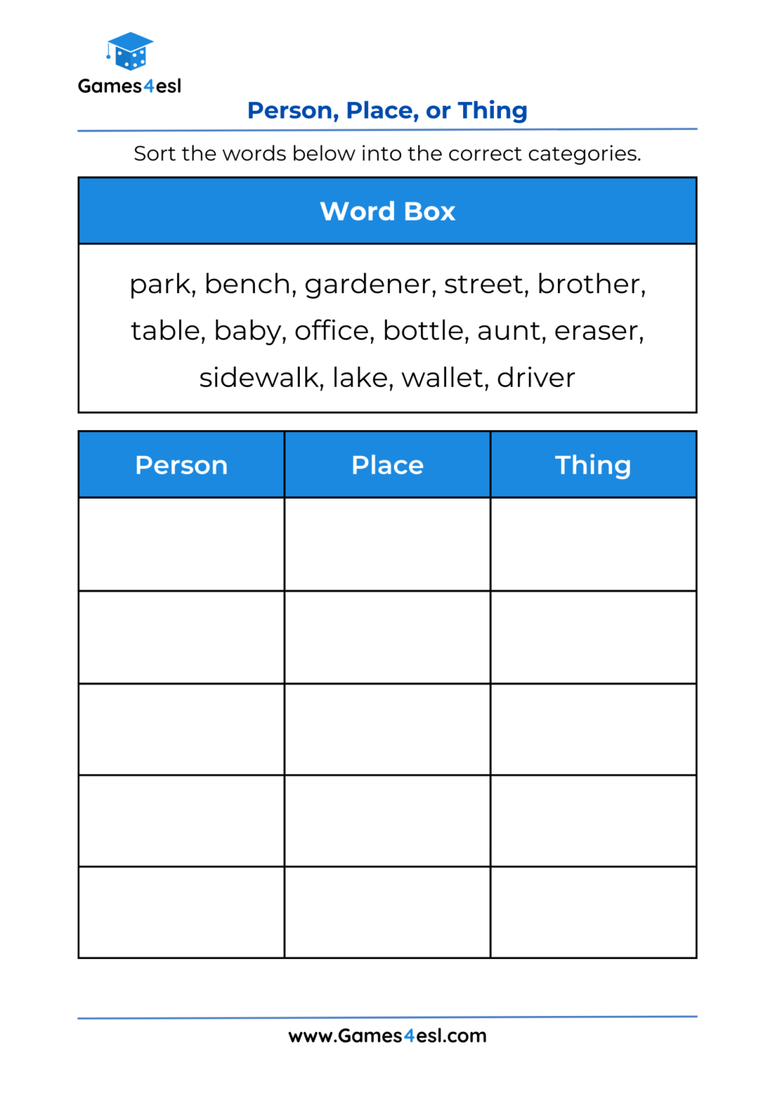 Person, Place, Or Thing Worksheets | Games4esl