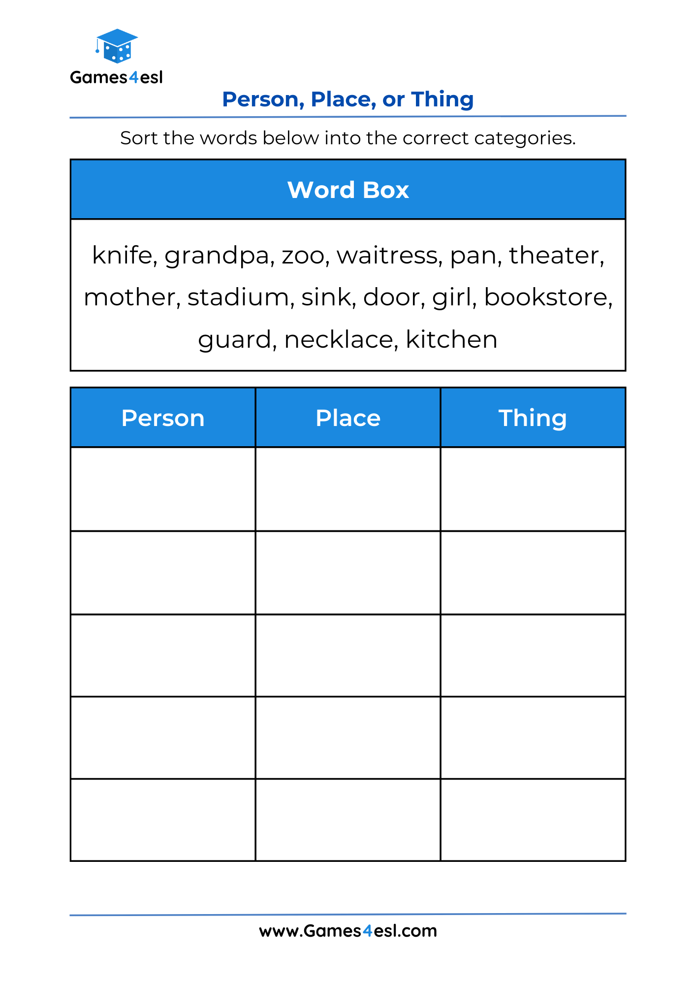 Person, Place, Or Thing Worksheets | Games4esl