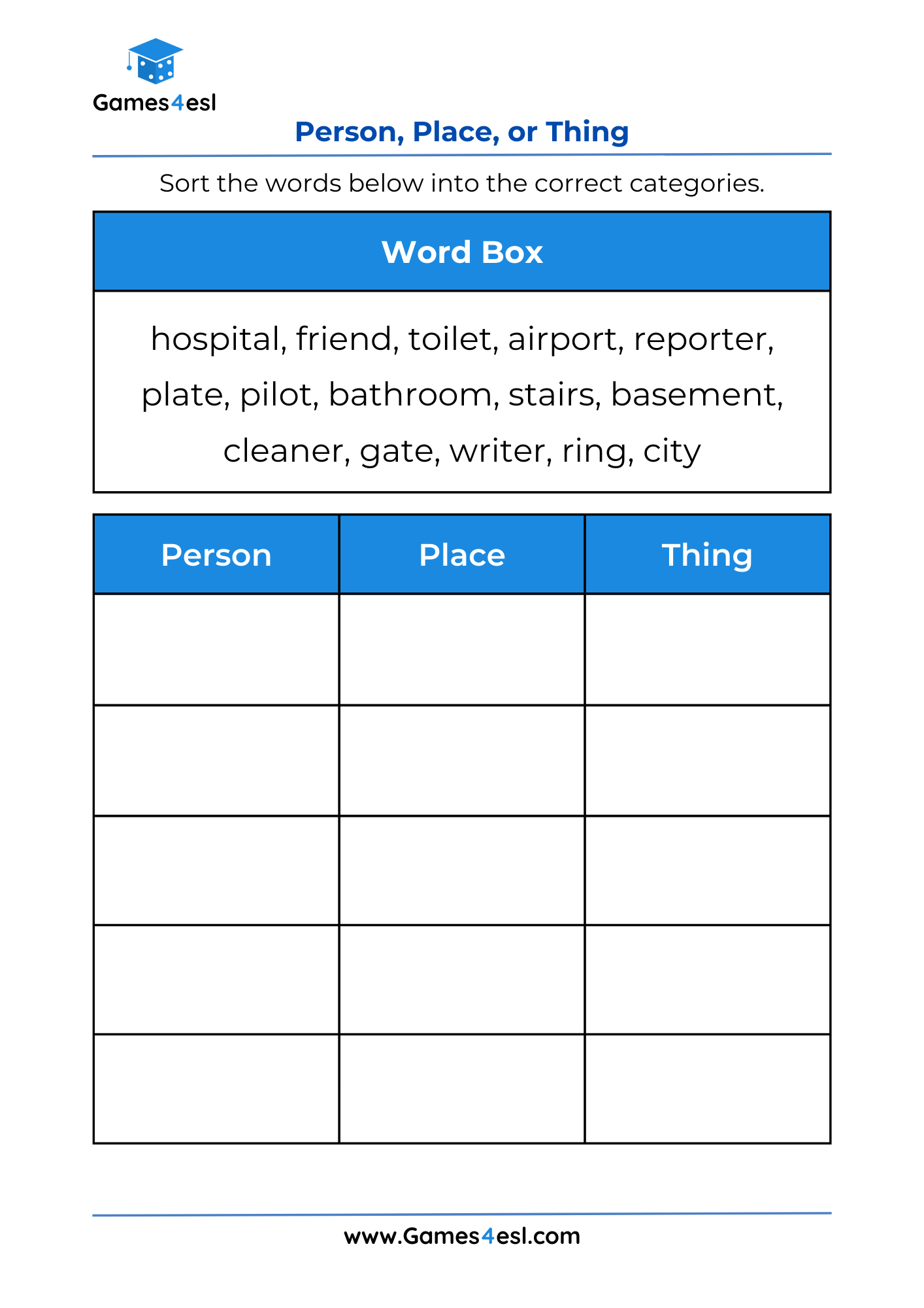 Person, Place, Or Thing Worksheets | Games4esl