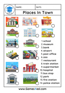 Free Places In Town Worksheets For Beginner English Learners | Games4esl