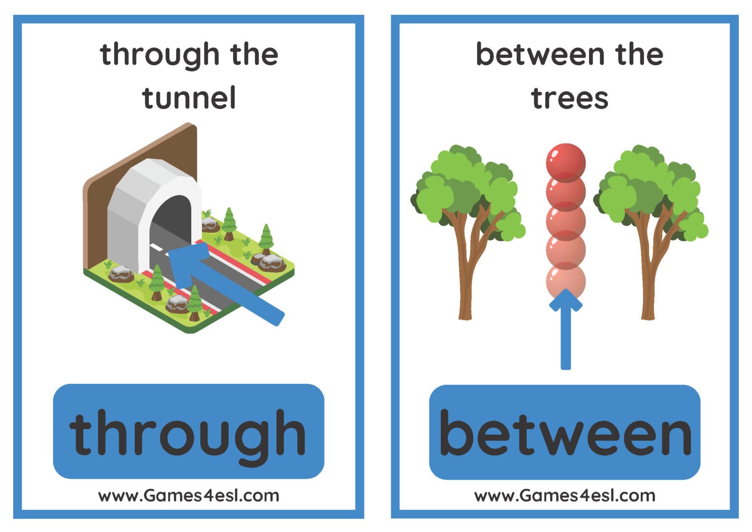 Free Prepositions Of Direction Flashcards | Games4esl