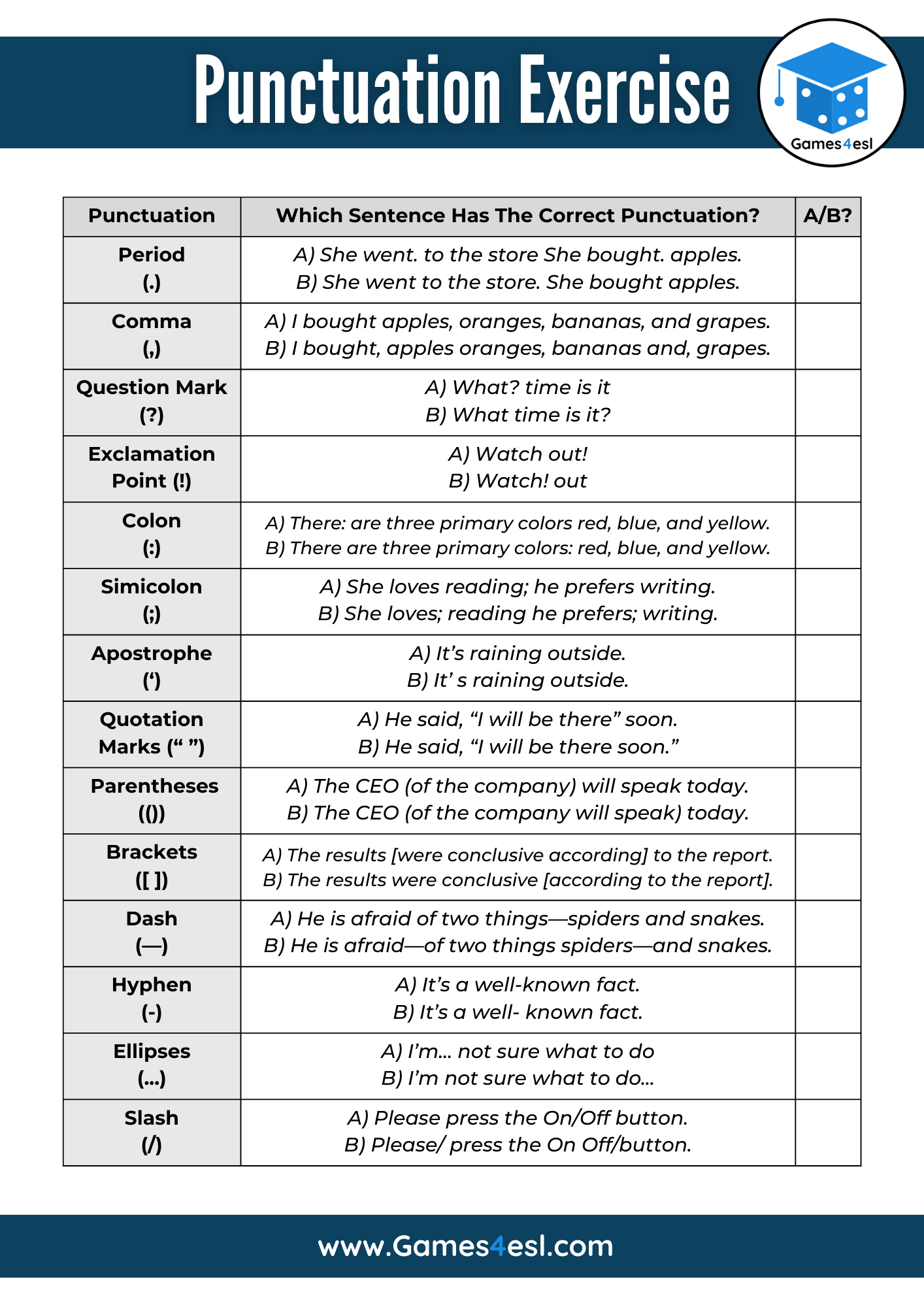Punctuation Practice Exercise | Games4esl