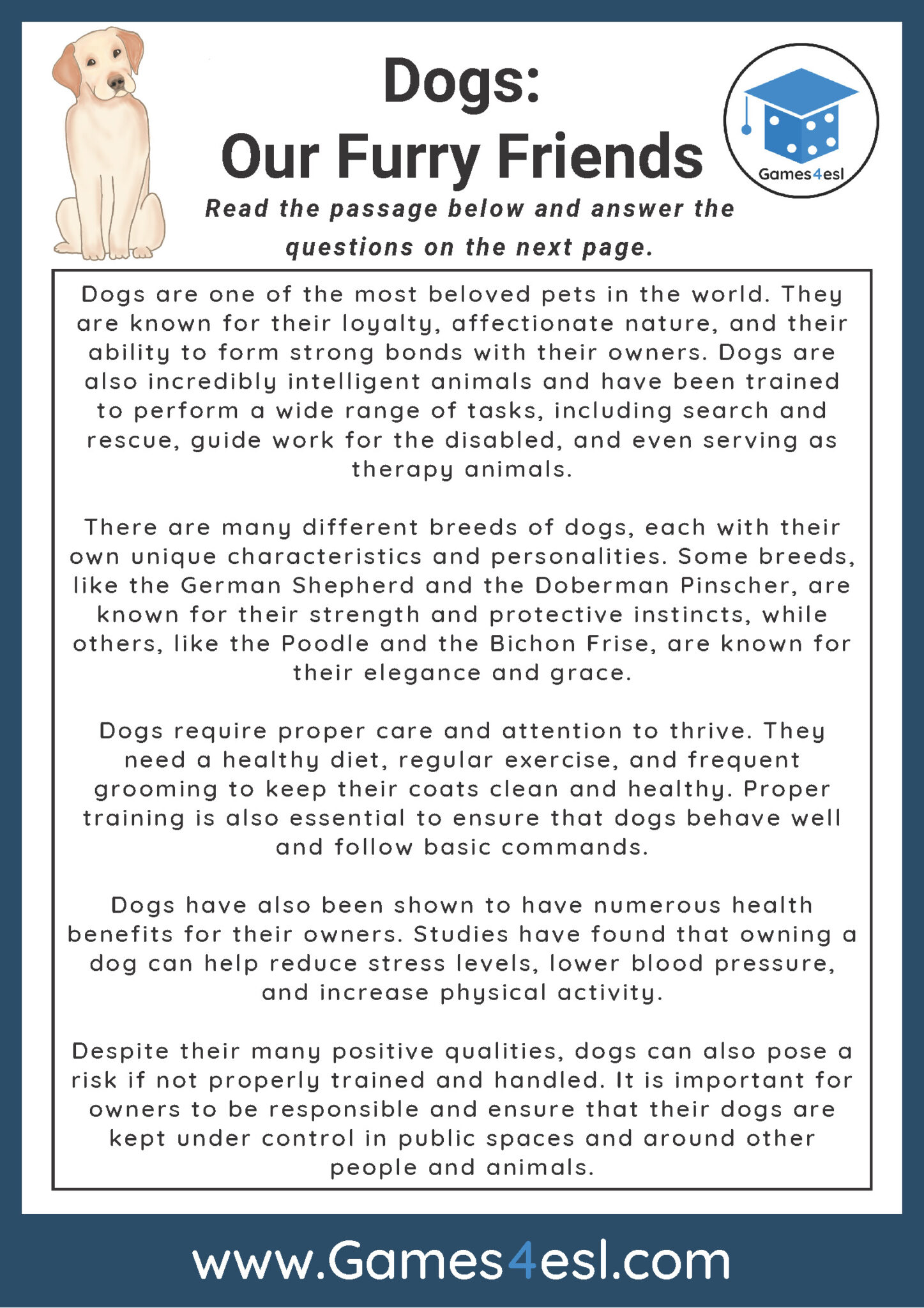 Dogs - Reading Comprehension Worksheet | Games4esl