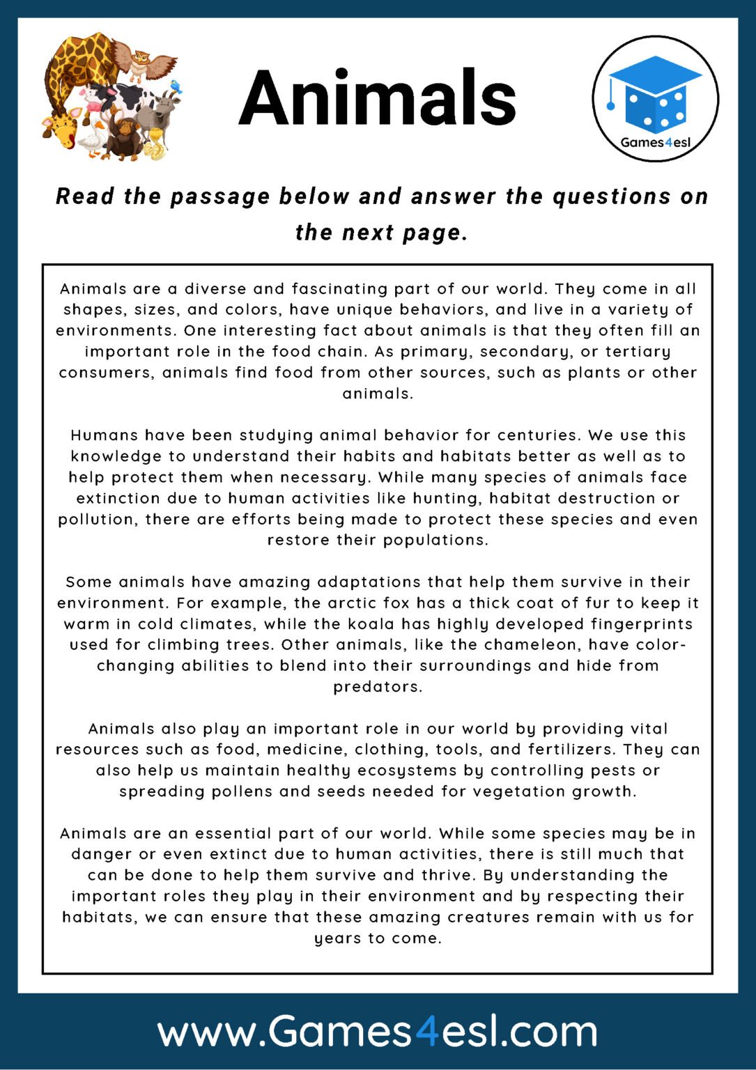 Animals - Reading Comprehension Worksheet | Games4esl