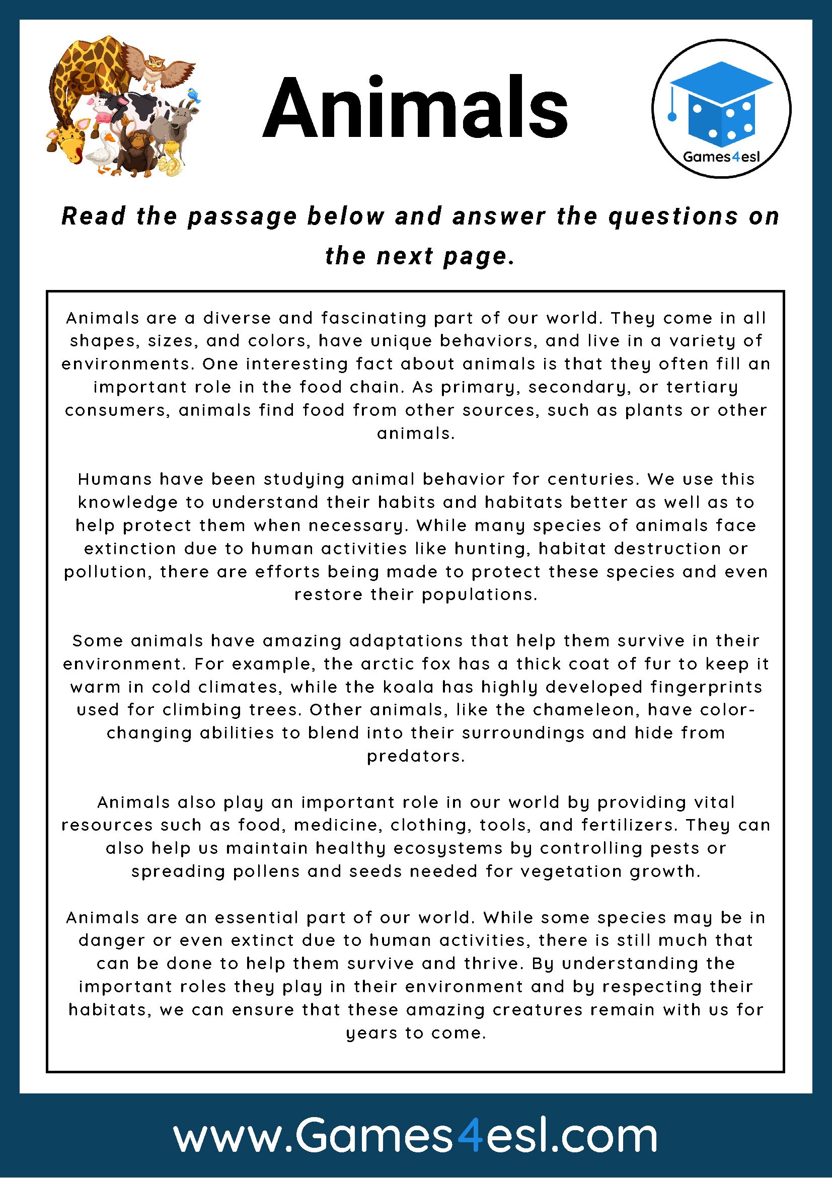 Animals - Reading Comprehension Worksheet | Games4esl Animals - Reading Comprehension Worksheet | Games4esl