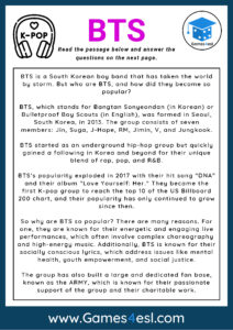 BTS Reading Comprehension Worksheet | Games4esl