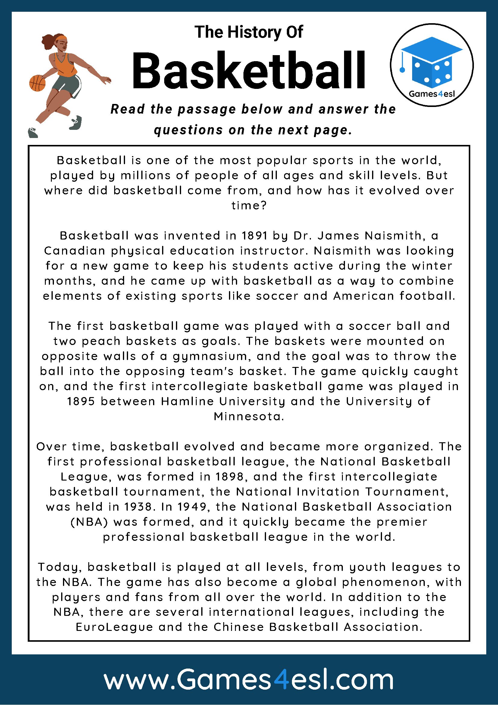 Basketball Reading Comprehension Worksheet | Games4esl