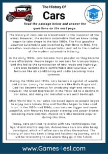 Cars - Reading Comprehension Worksheet | Games4esl