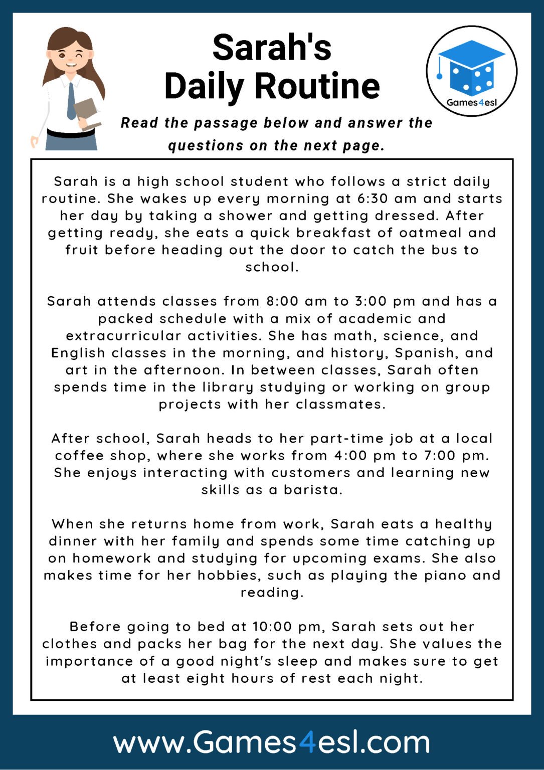 Daily Routine - Reading Comprehension Worksheet | Games4esl