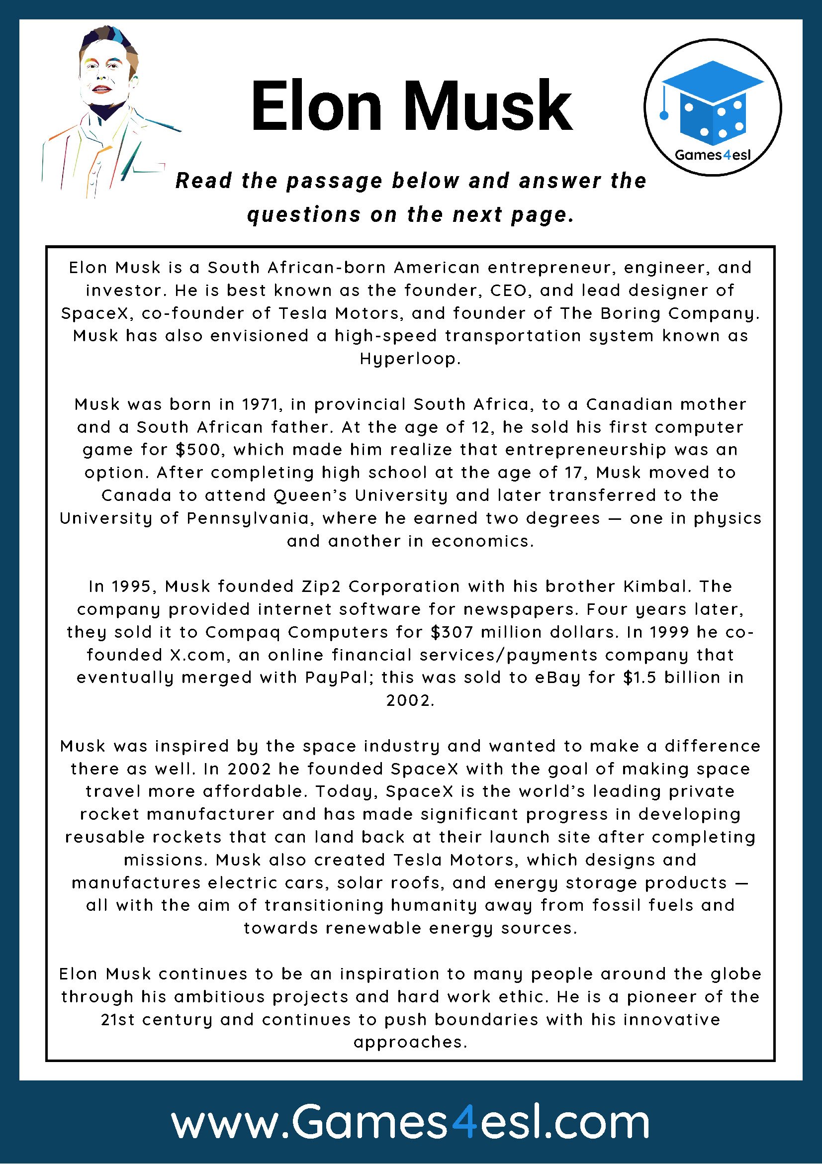 Elon Musk - Reading Comprehension Worksheet | Games4esl