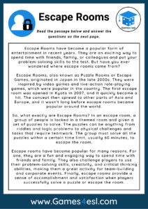 Escape Rooms Reading Comprehension Worksheet | Games4esl