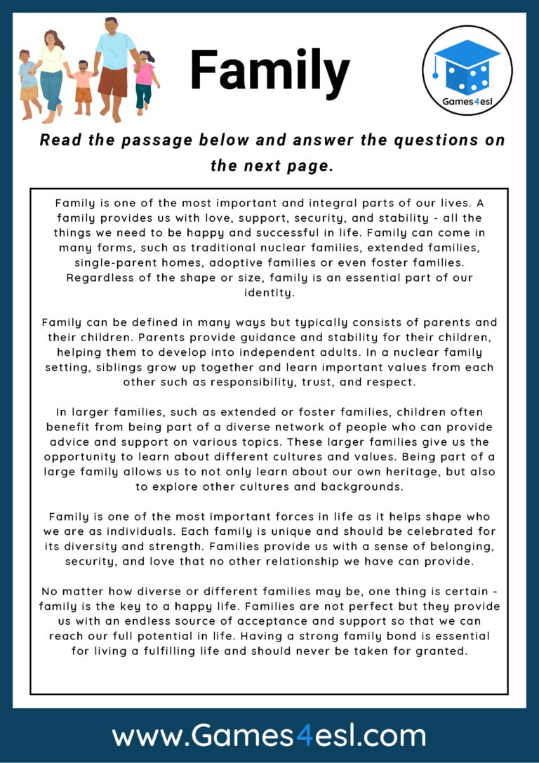 Family - Reading Comprehension Worksheet | Games4esl