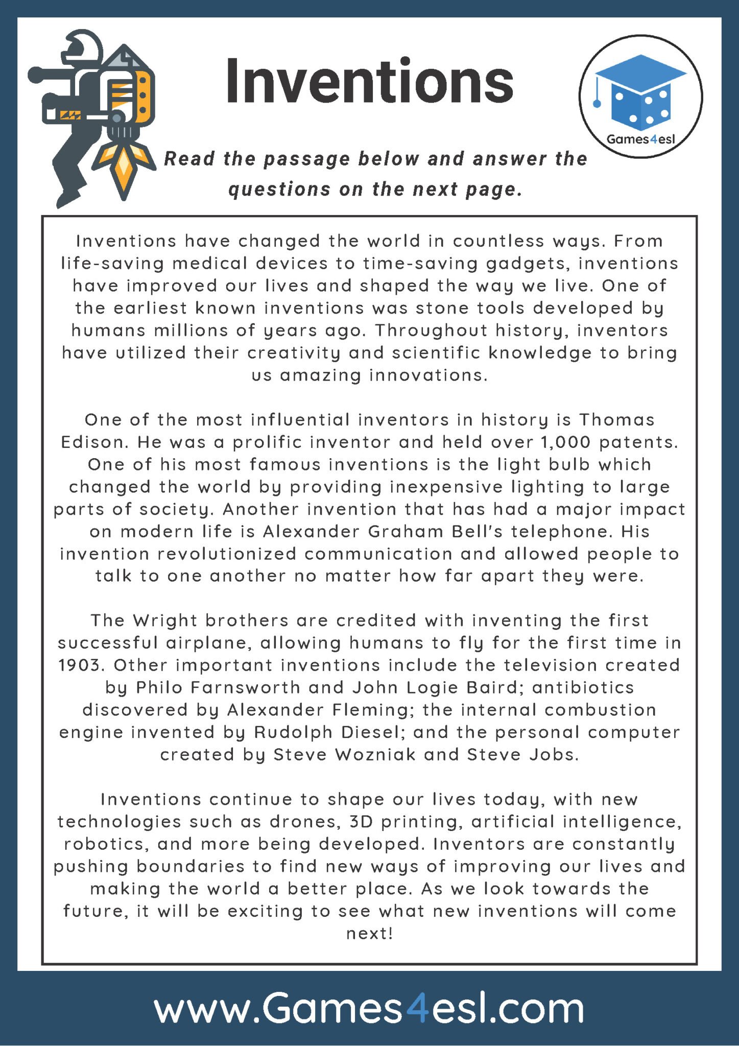 Inventions - Reading Comprehension Worksheet | Games4esl