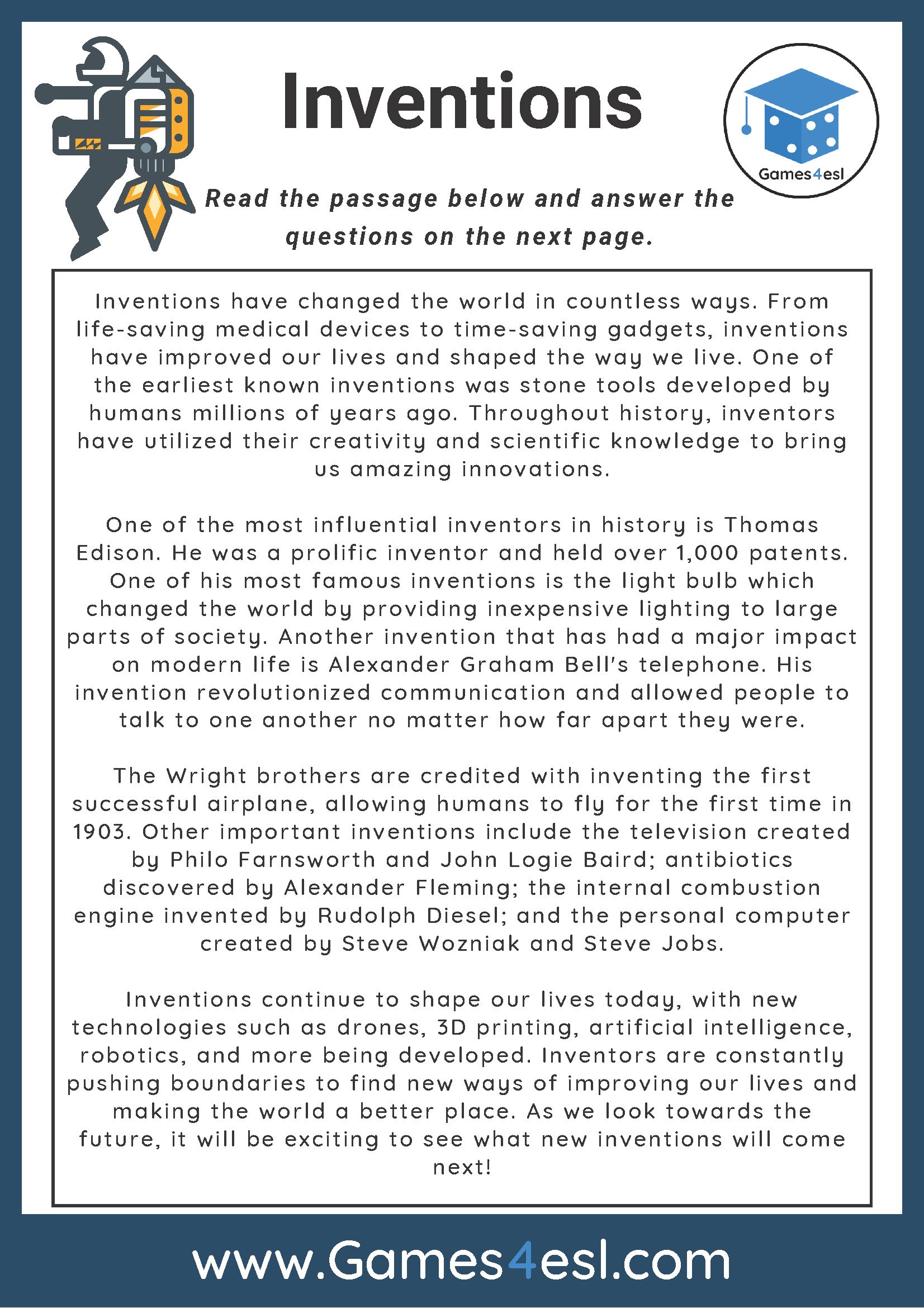 Inventions - Reading Comprehension Worksheet | Games4esl