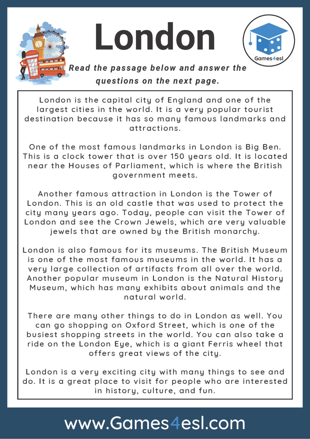 London - Reading Comprehension Worksheet | Games4esl