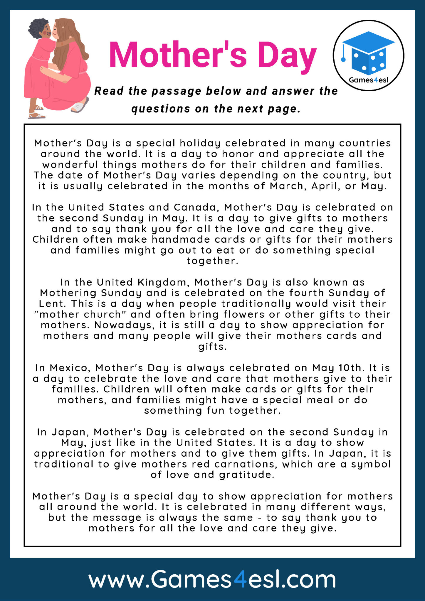Mother's Day - Reading Comprehension Worksheet | Games4esl
