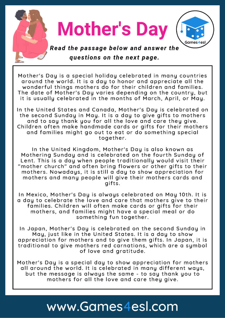 Mother's Day - Reading Comprehension Worksheet | Games4esl