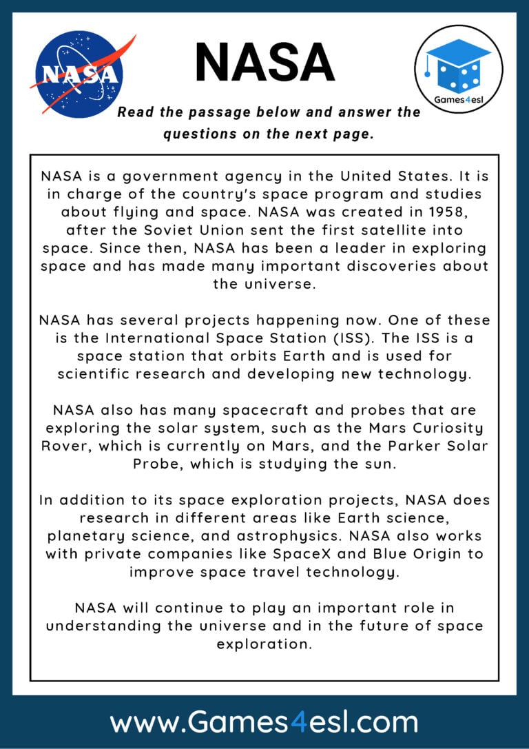 NASA - Reading Comprehension Worksheet | Games4esl