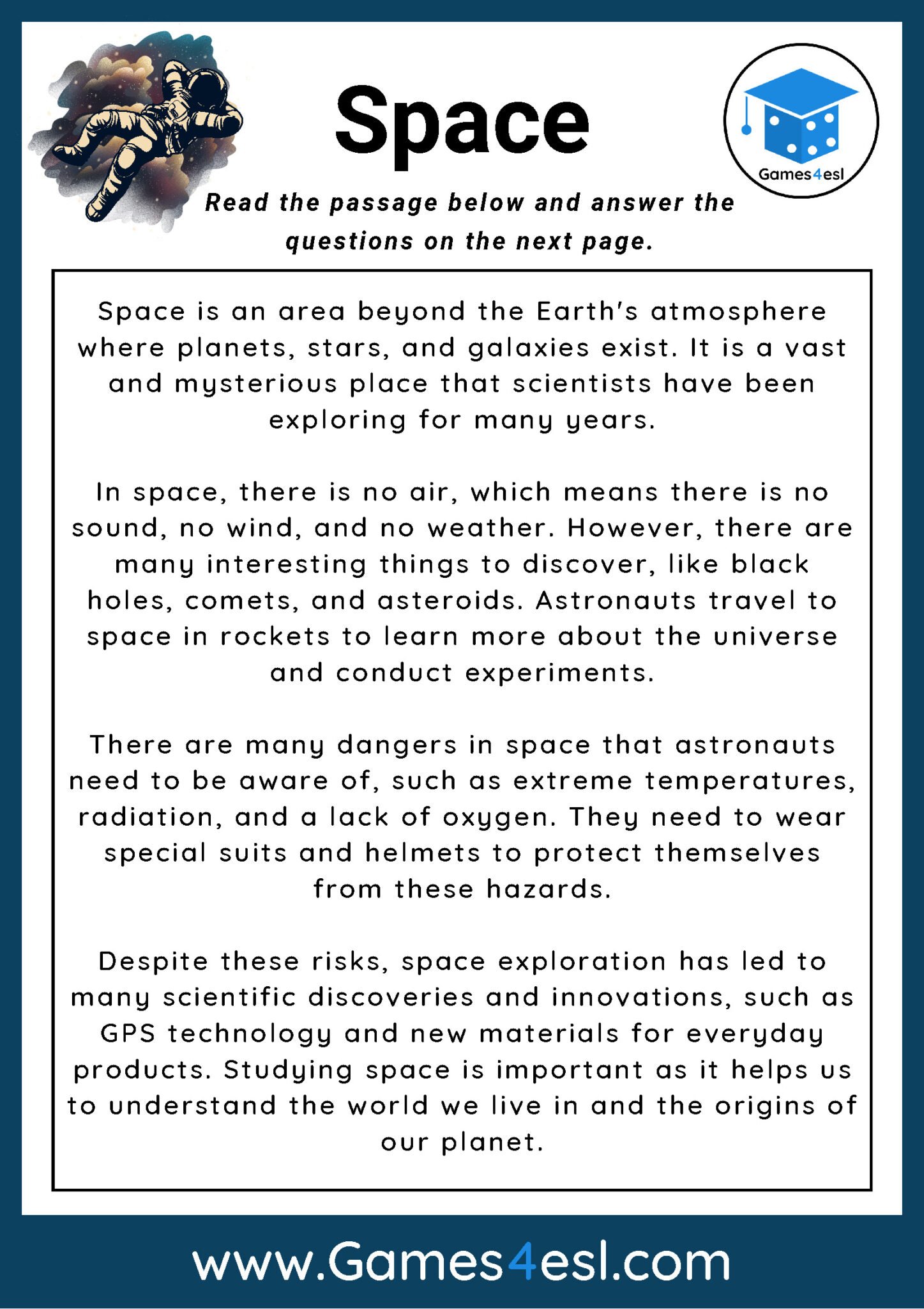 Space - Reading Comprehension Worksheet | Games4esl