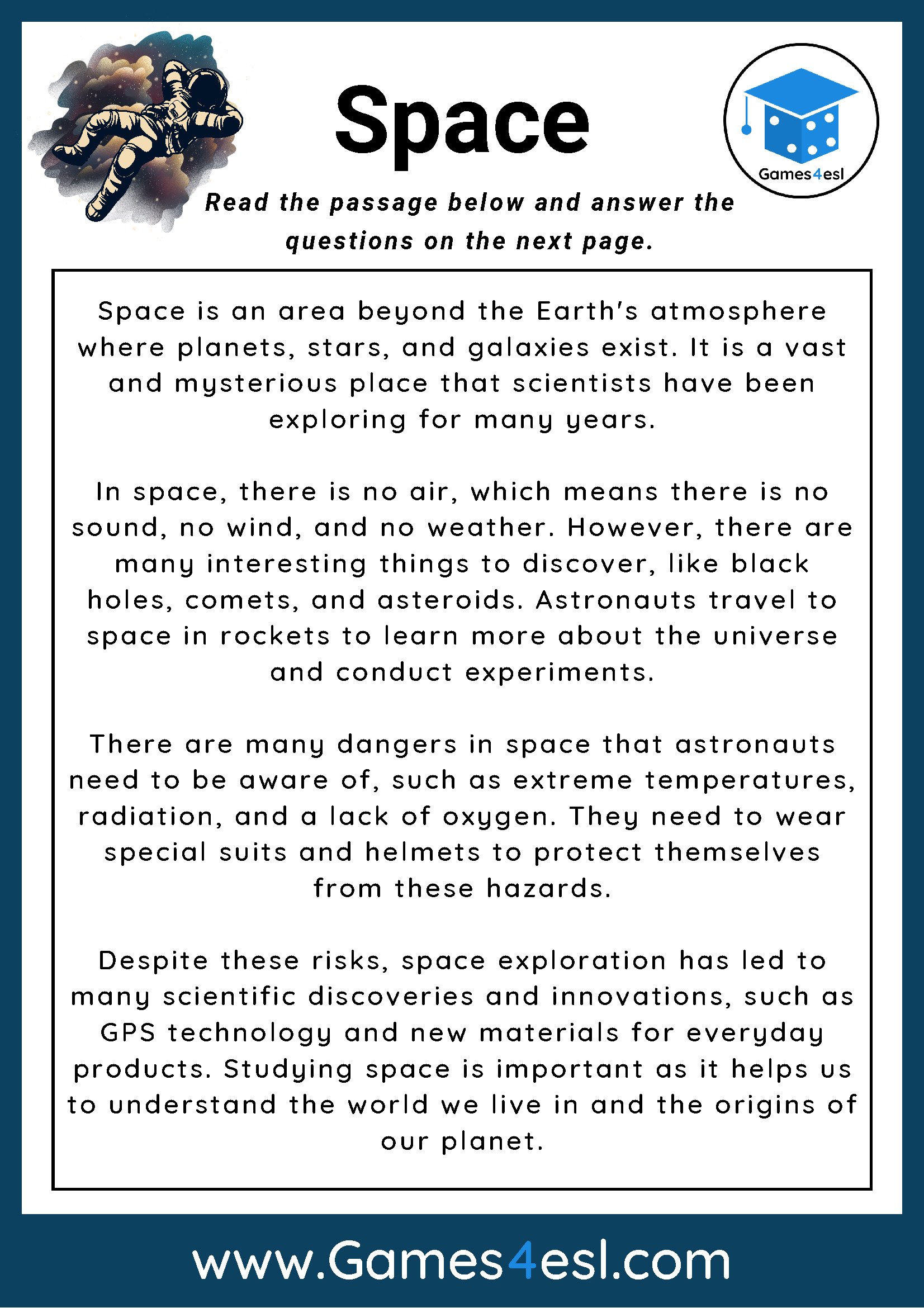 Space - Reading Comprehension Worksheet | Games4esl