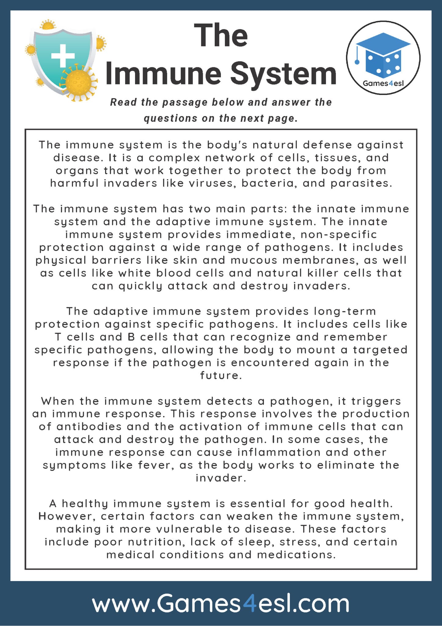 The Immune System Reading Comprehension Worksheet | Games4esl