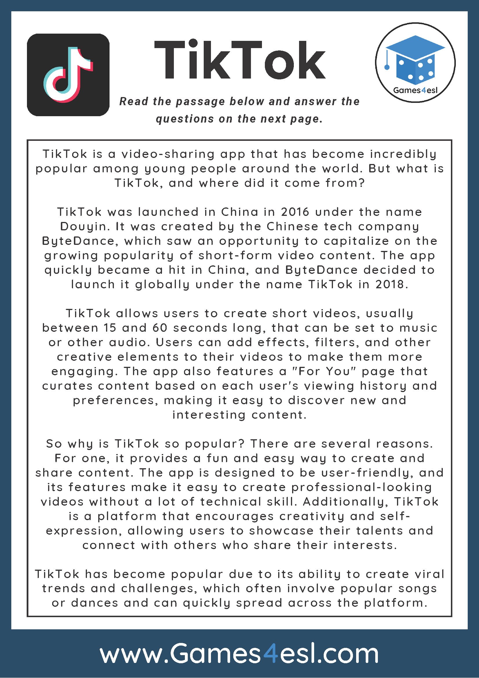 TikTok Reading Comprehension Worksheet | Games4esl