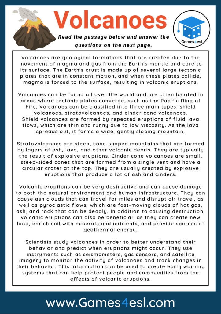 Volcanoes Reading Comprehension Worksheet | Games4esl Volcanoes Reading Comprehension Worksheet | Games4esl