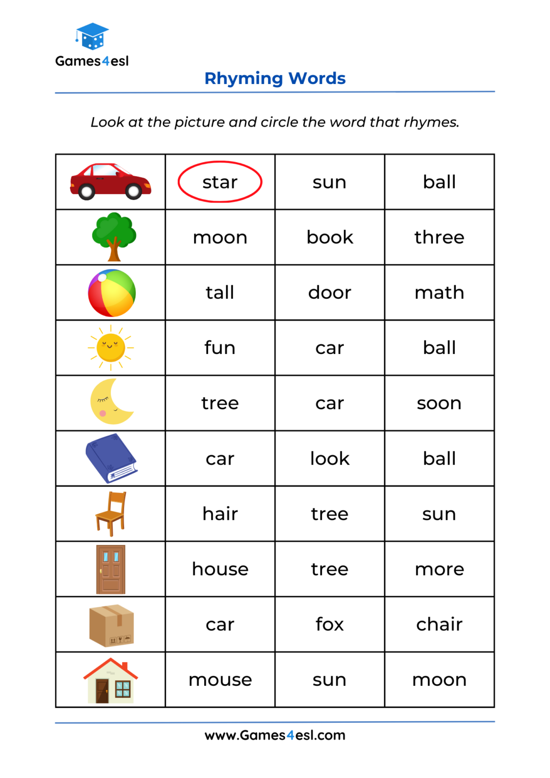 Rhyming Words Worksheets For Kids | Games4esl