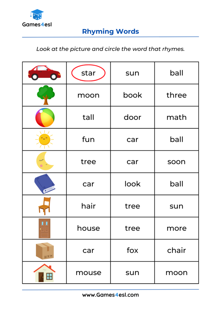 Rhyming Words Worksheets For Kids | Games4esl