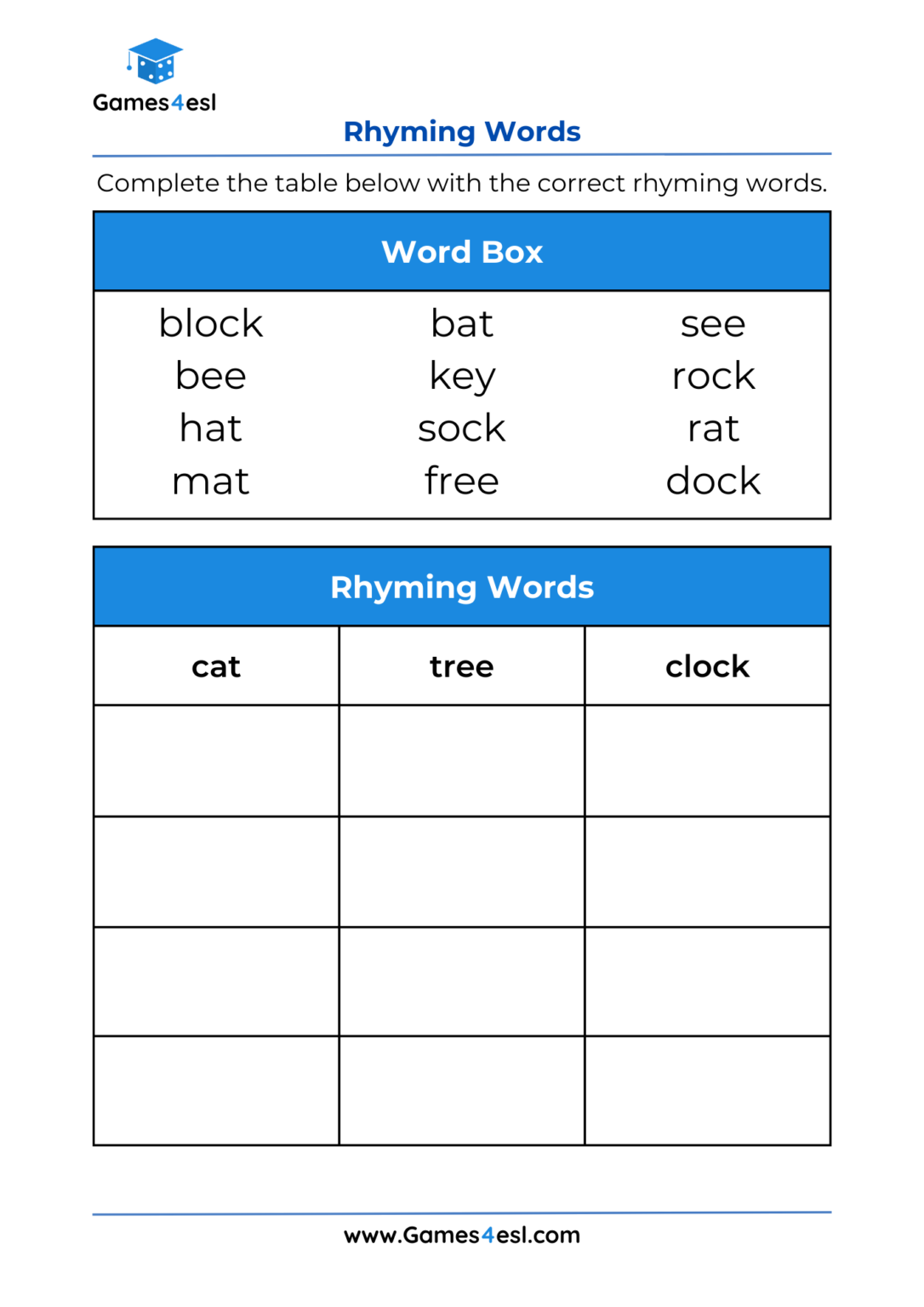 Rhyming Words Worksheets For Kids | Games4esl
