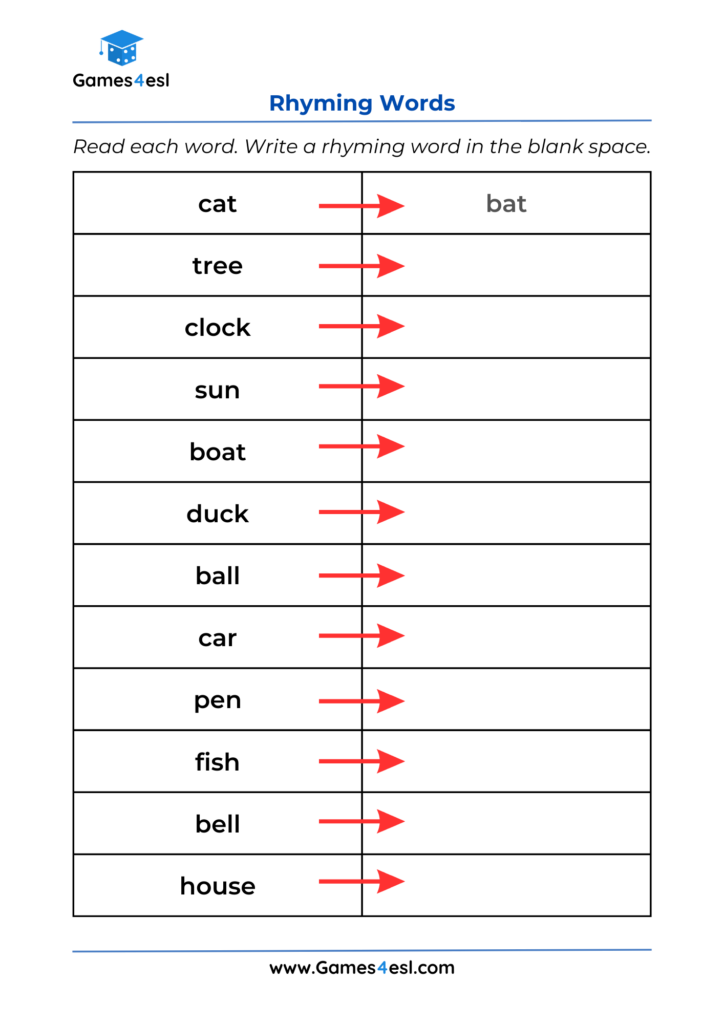 Rhyming Words Worksheets For Kids | Games4esl