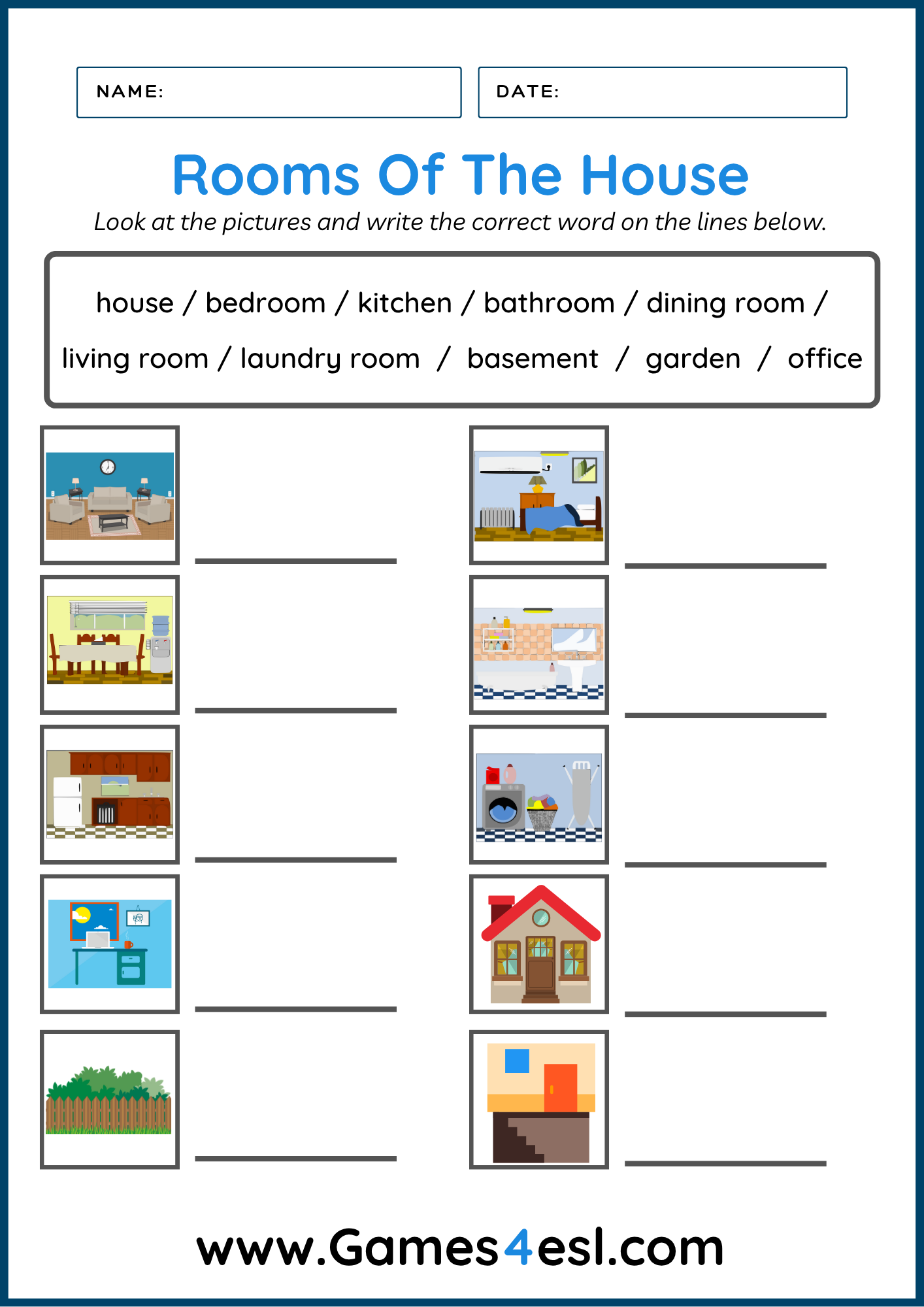 Free Rooms Of The House Worksheets For ESL Kids | Games4esl