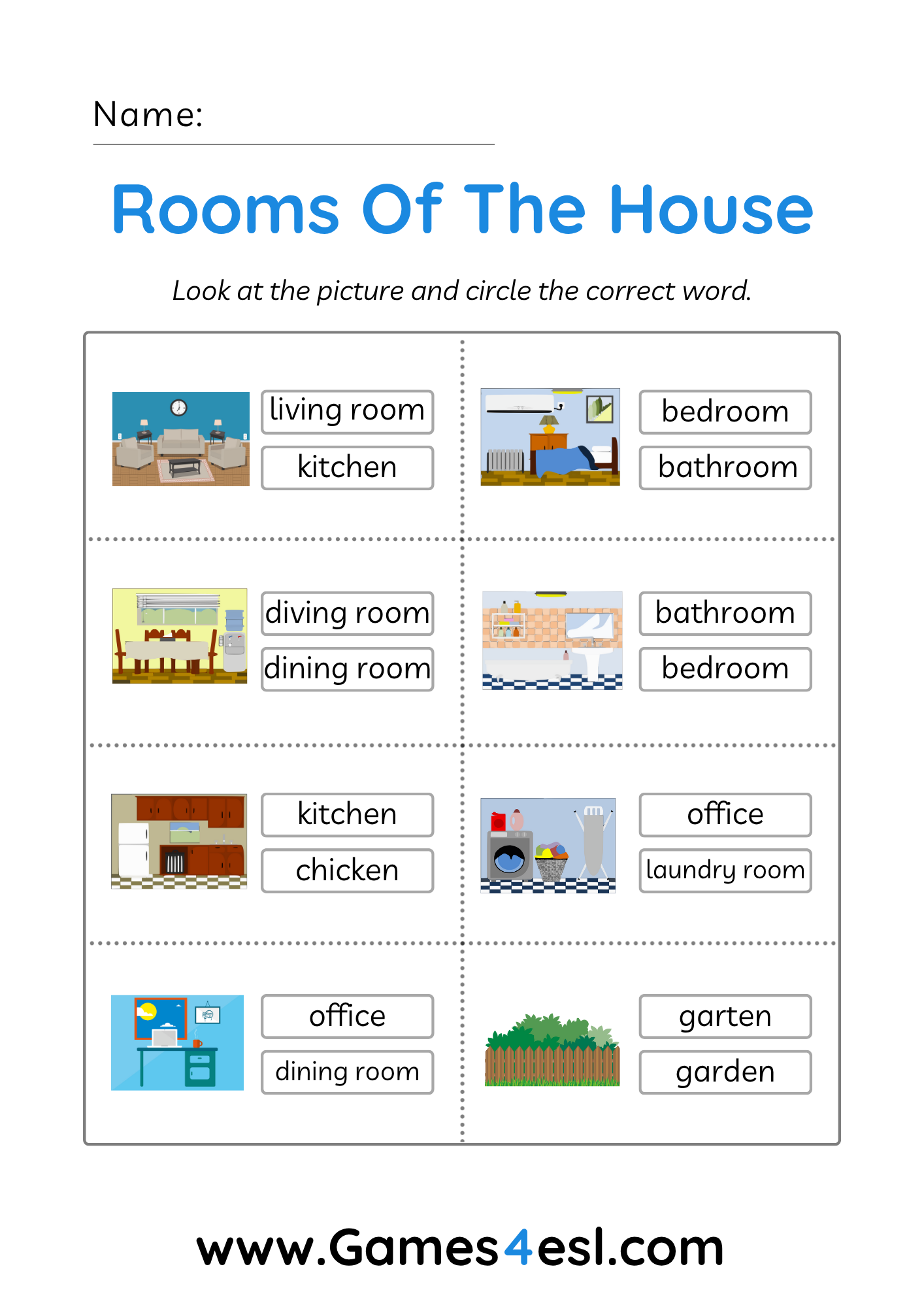Free Rooms Of The House Worksheets For ESL Kids | Games4esl