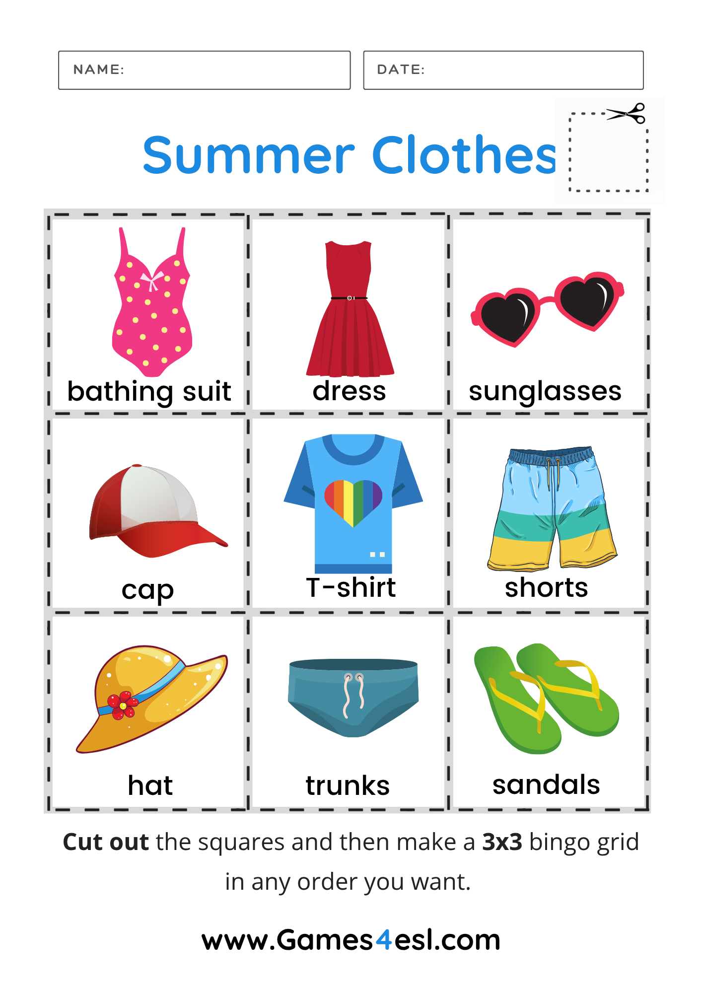 Free Printable Summer Clothes Worksheets For ESL Kids | Games4esl