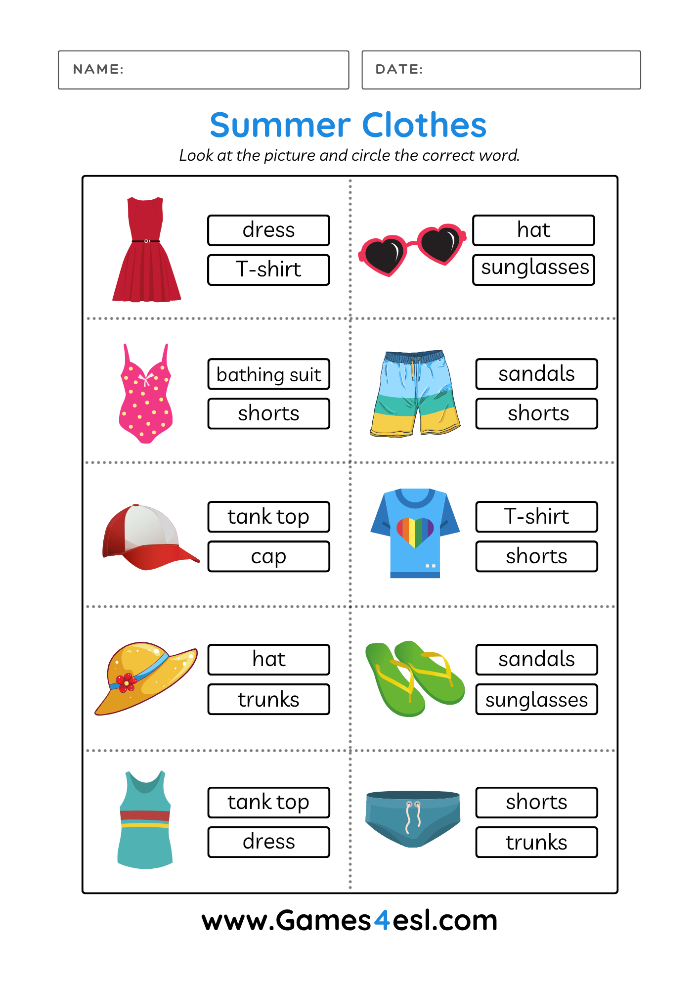 Free Printable Summer Clothes Worksheets For ESL Kids | Games4esl