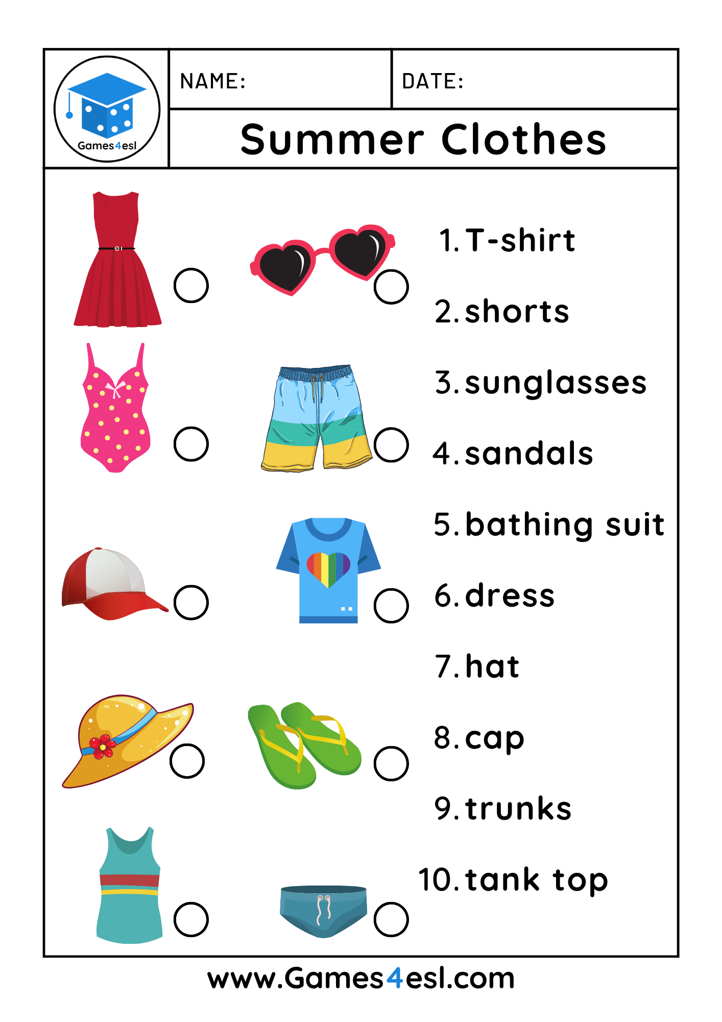 Free Printable Summer Clothes Worksheets For ESL Kids | Games4esl
