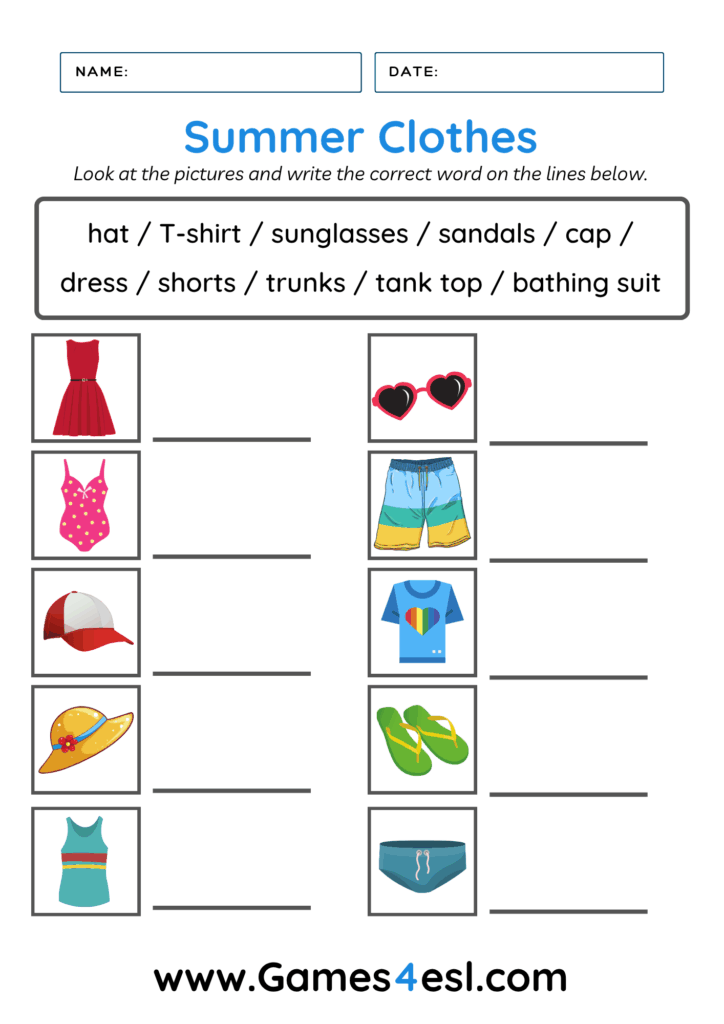 Free Printable Summer Clothes Worksheets For ESL Kids | Games4esl