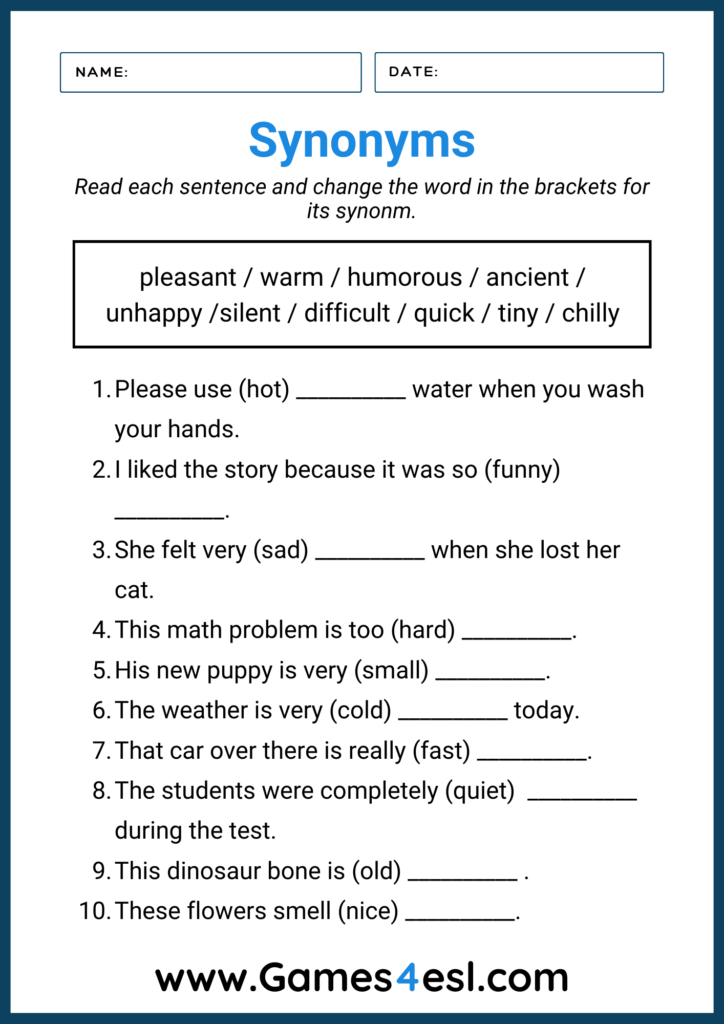 Free Synonym Worksheets | Practice Exercises With Answers | Games4esl
