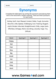 Free Synonym Worksheets | Practice Exercises With Answers | Games4esl