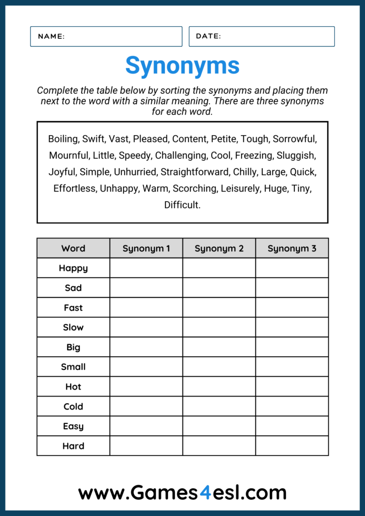 Free Synonym Worksheets | Practice Exercises With Answers | Games4esl