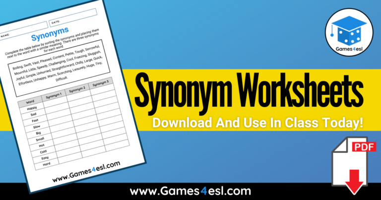 Free Synonym Worksheets | Practice Exercises With Answers | Games4esl
