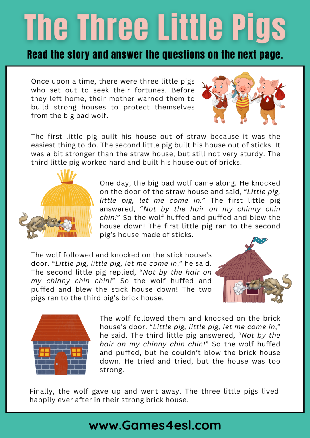 The Three Little Pigs Reading Worksheet | Games4esl