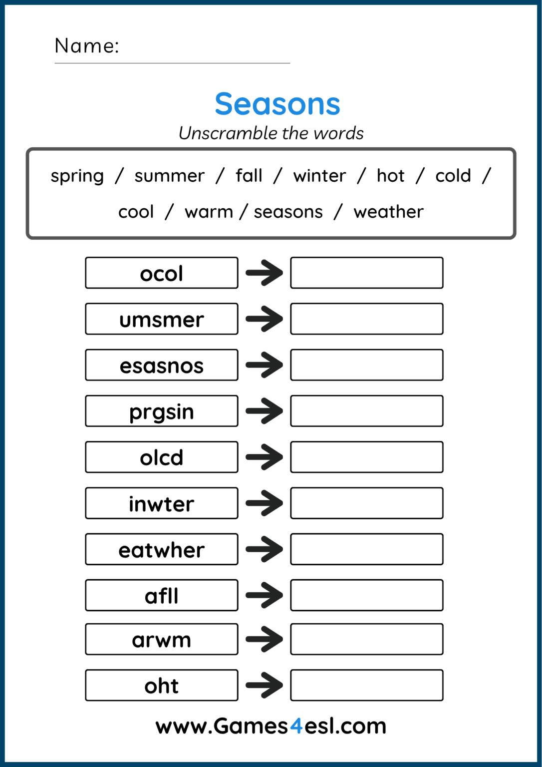 Four Seasons Worksheets For ESL Kids | Games4esl