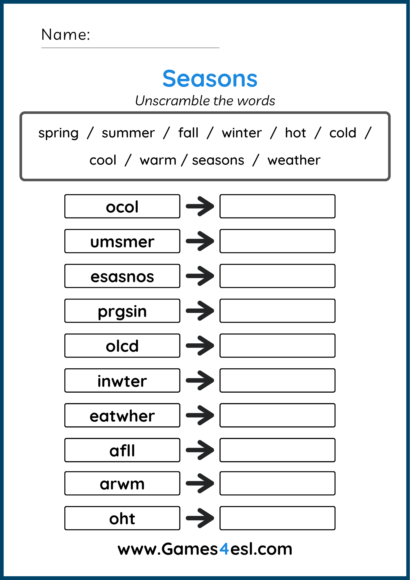 Four Seasons Worksheets For ESL Kids | Games4esl