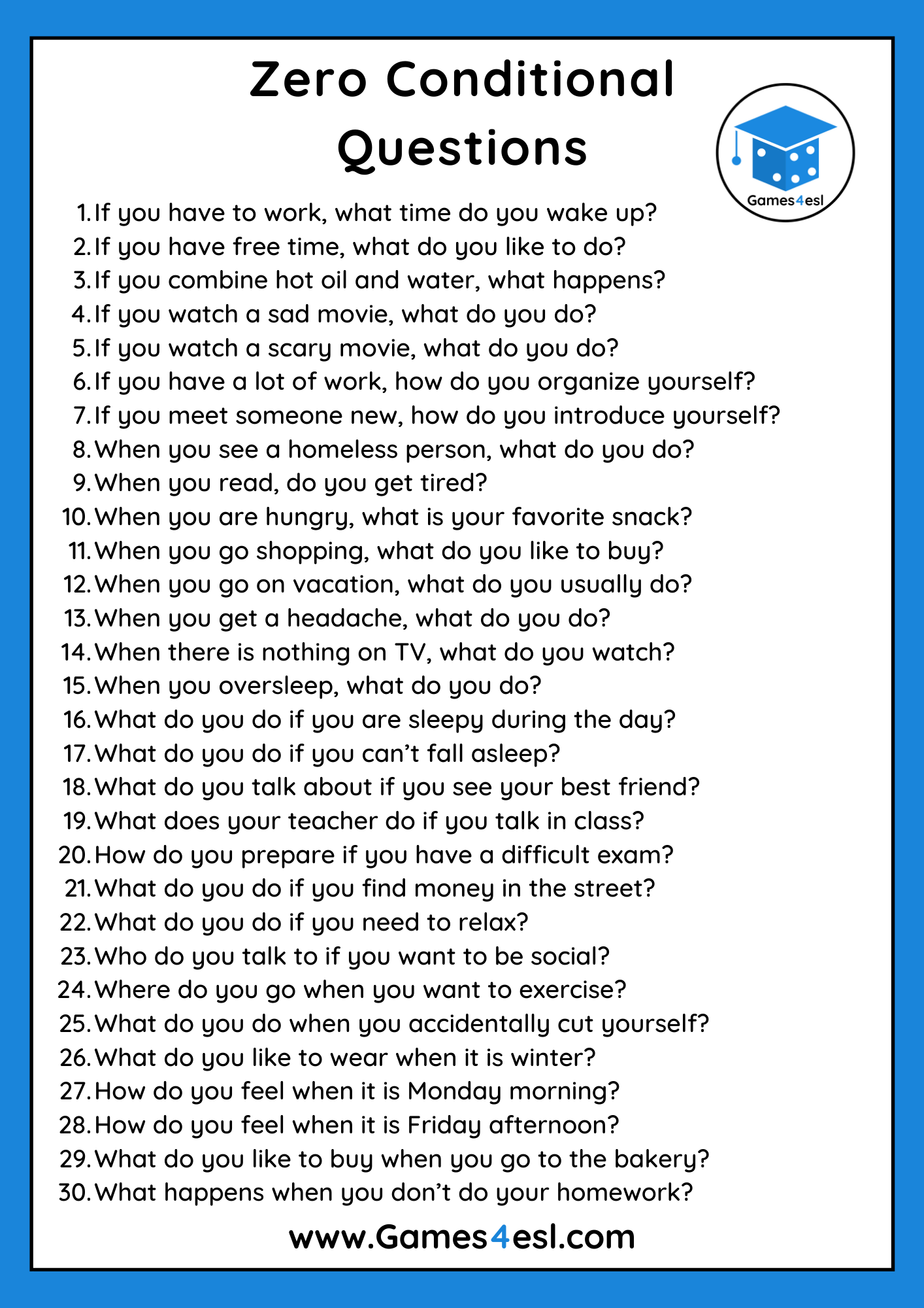 Zero Conditional Example Sentences And Questions Games4esl