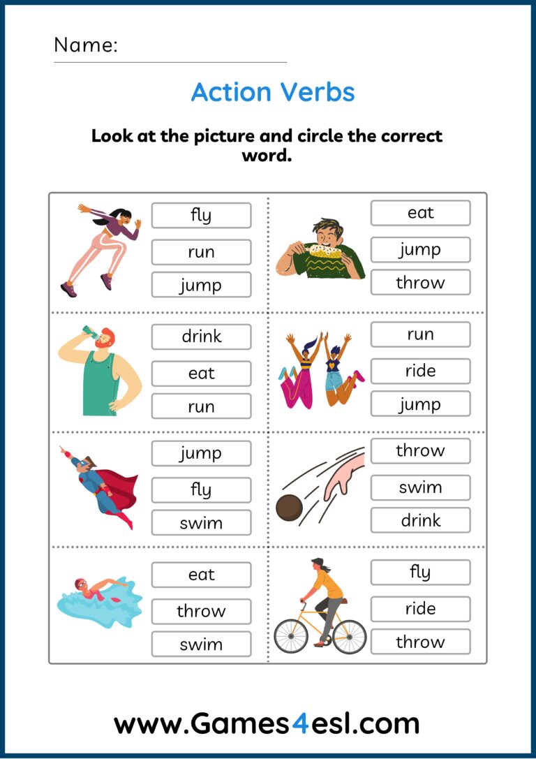Free Action Verb Worksheets | Games4esl
