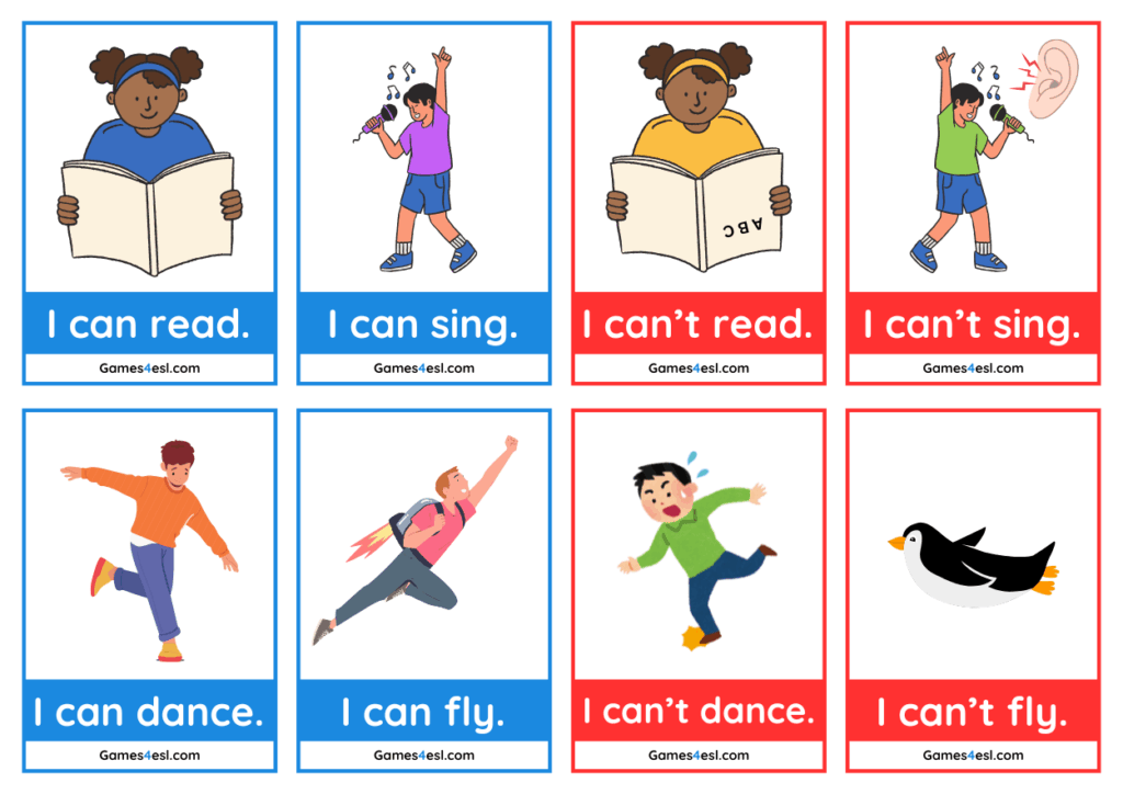 Free Can Can't Flashcards For Teaching Ability | Games4esl