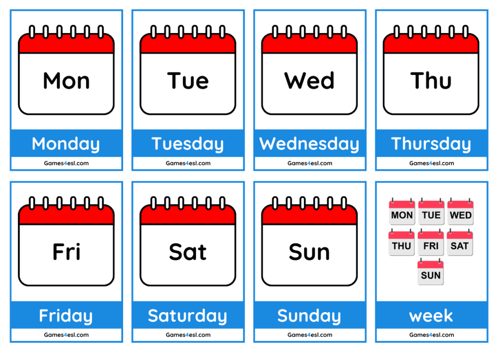 Free Days Of The Week Flashcards | Games4esl