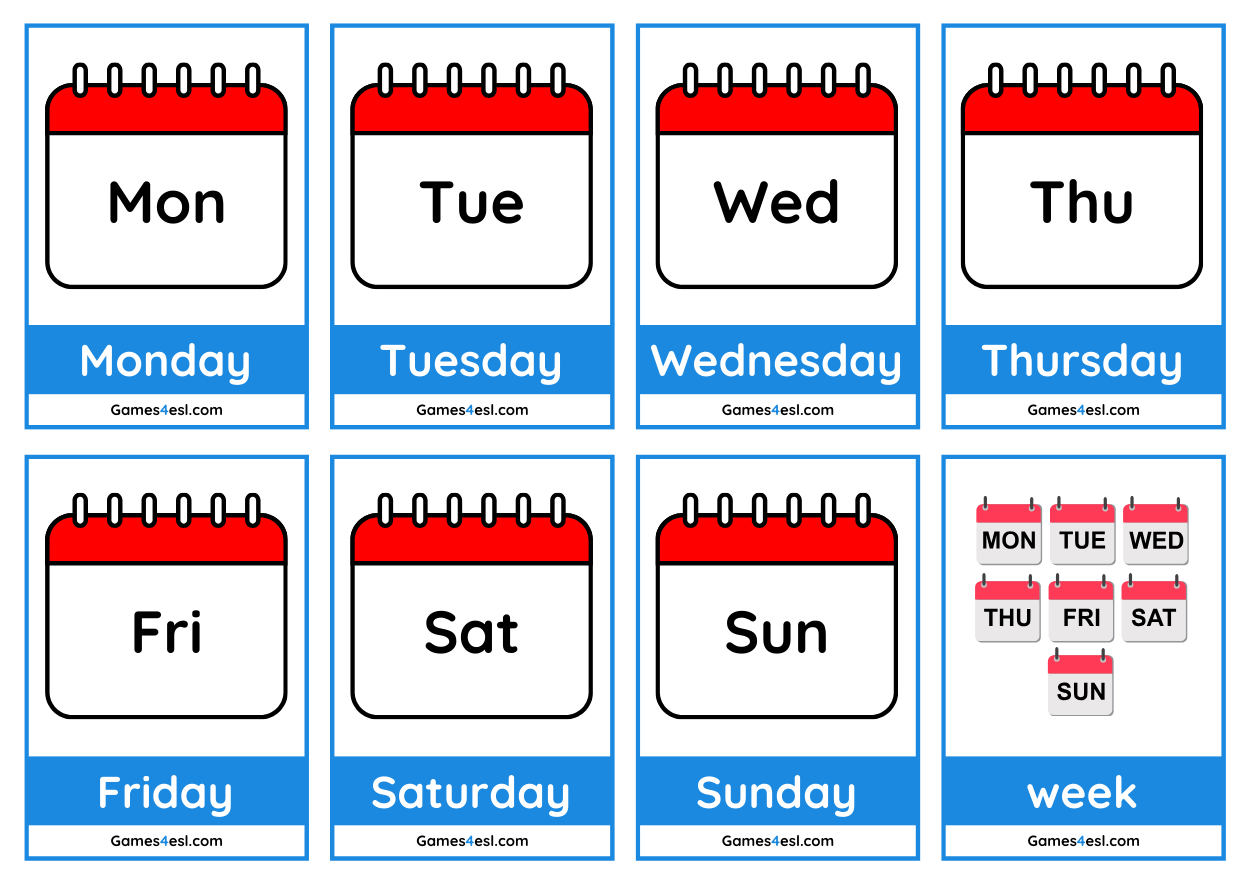 Free Days Of The Week Flashcards | Games4esl